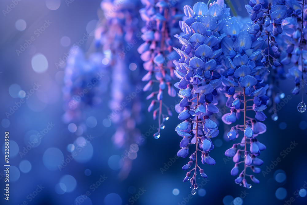 Spring wisteria blooming flowers in sunset garden. Purple japanese ...