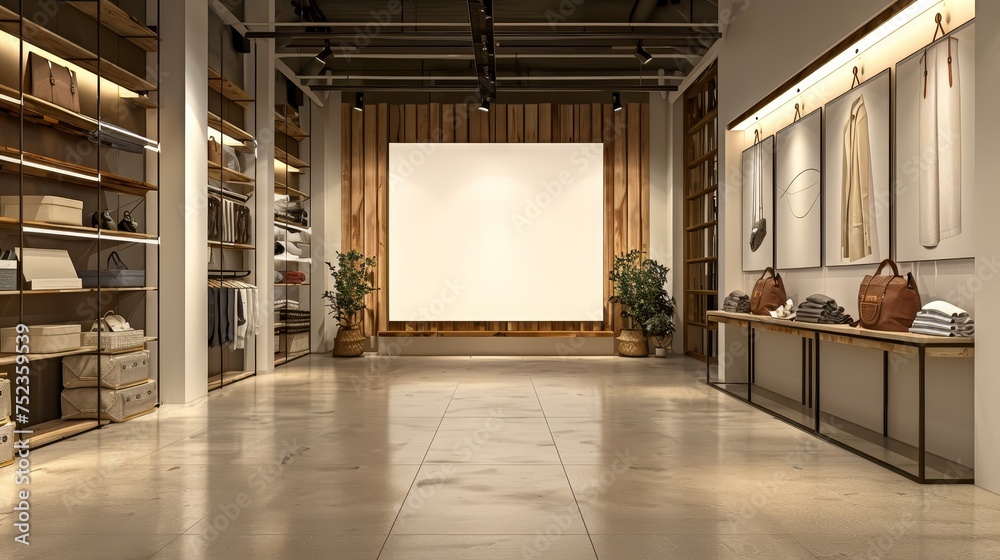 Modern retail store interior featuring elegant wooden shelving ...