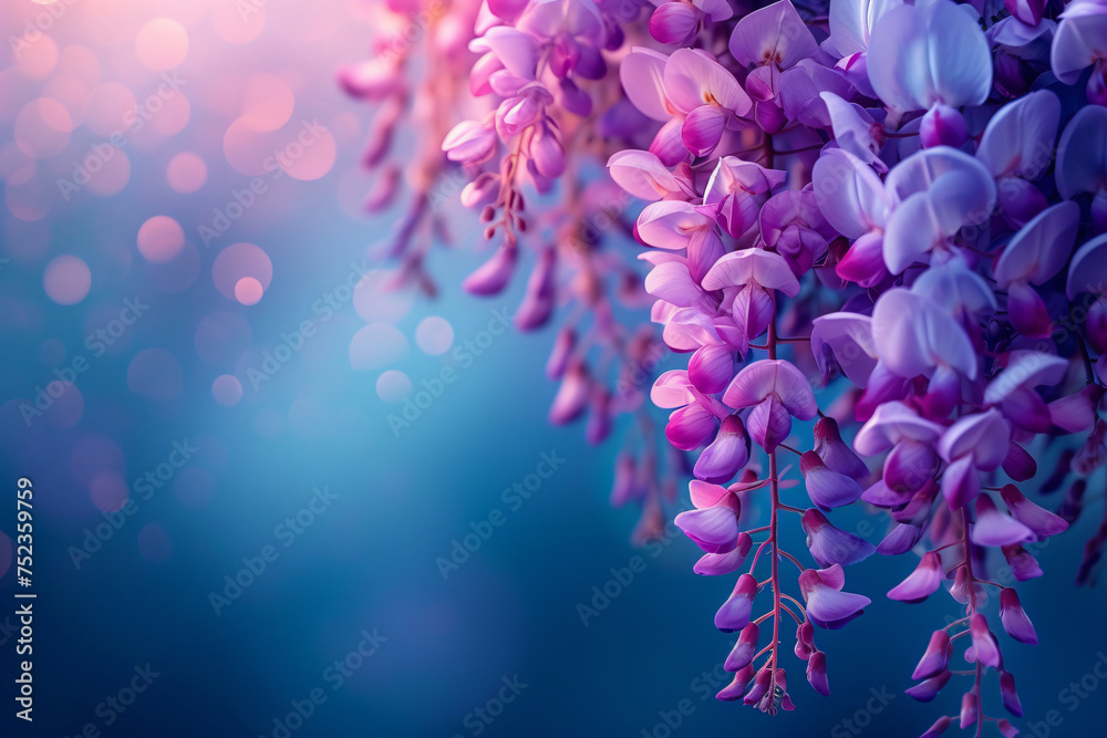 Spring wisteria blooming flowers in sunset garden. Purple japanese ...