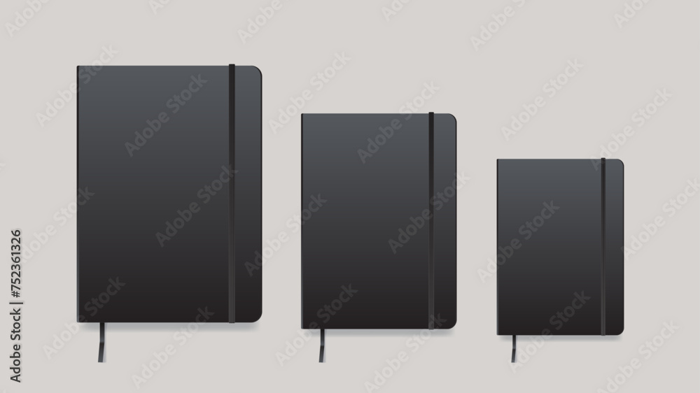 Realistic black notepad set of different sizes. Sketchbooks with bookmarks and blank covers ...