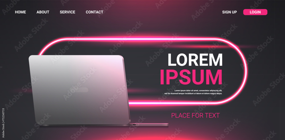 Realistic back side of laptop with neon frame on dark background ...