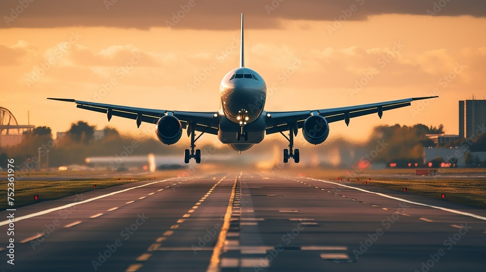 Jet airliner ascending gracefully from airport runway, captured by ...