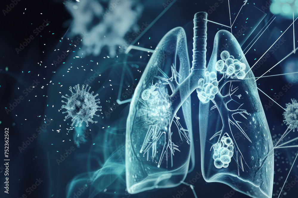 Disease Treatment. digital rendering of human lungs with visible virus ...