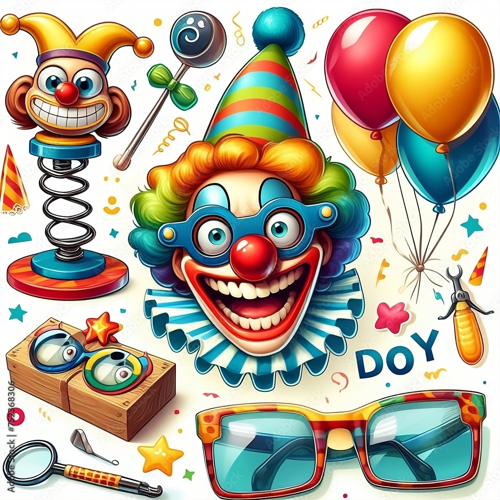 April fool's day. funny illustrations of a laughing clown in a cap, a ...