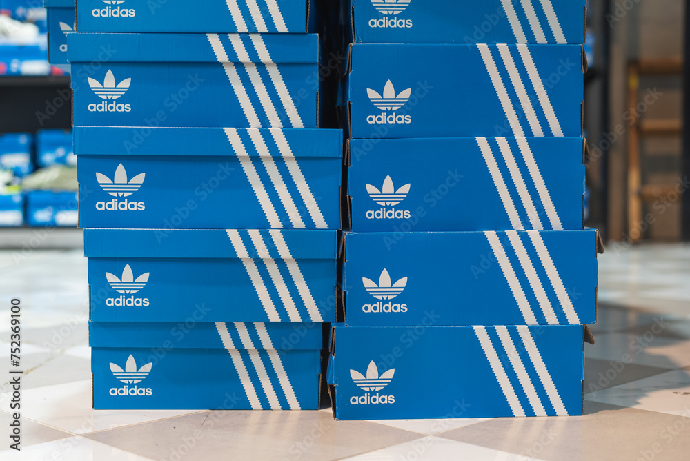 Adidas signature blue boxes on the floor on March 3, 2024, in Bangkok ...