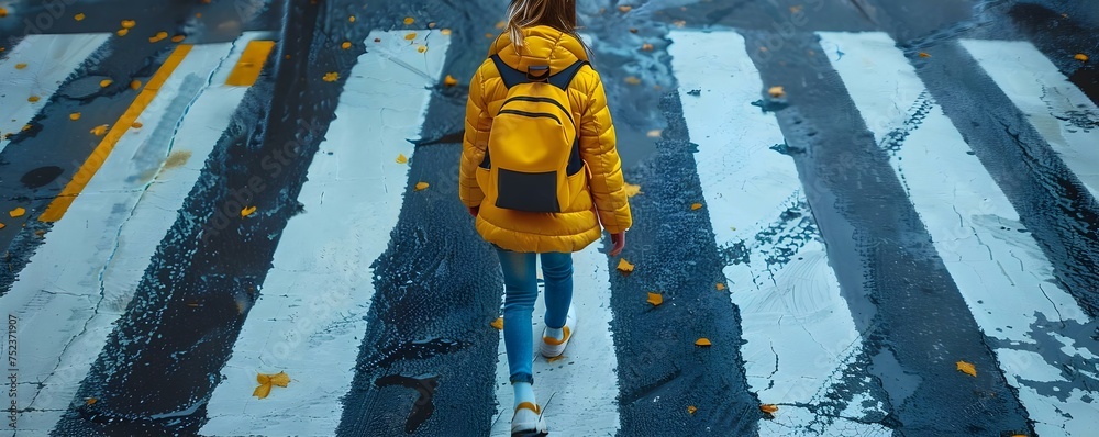 A young student crosses the street unsafely ignoring traffic rules and ...