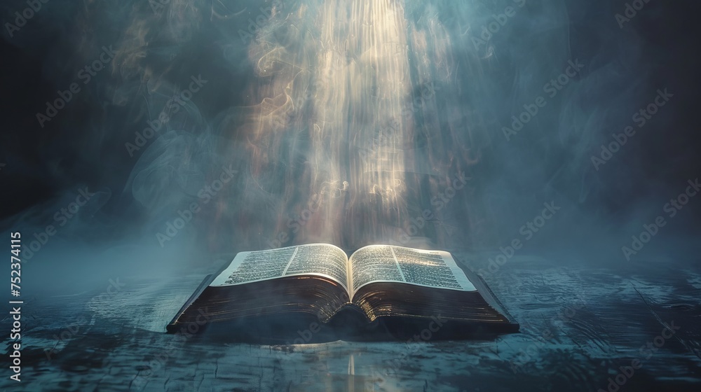 Silhouette of a Bible floating in mid-air with light rays Stock ...