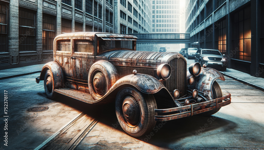 Vintage rusted car parked on an urban street with modern vehicles in ...