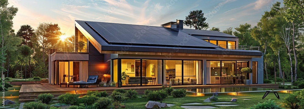 Rooftop solar panel array on a modern home. Sunset, the end of the day ...
