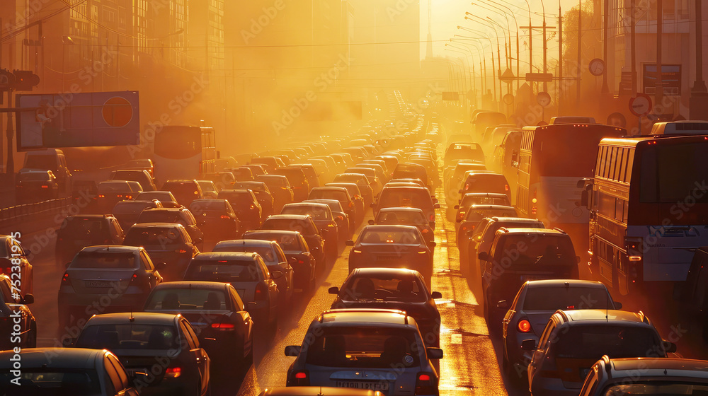 Many cars are stuck in a traffic jam in a big city in the evening at ...