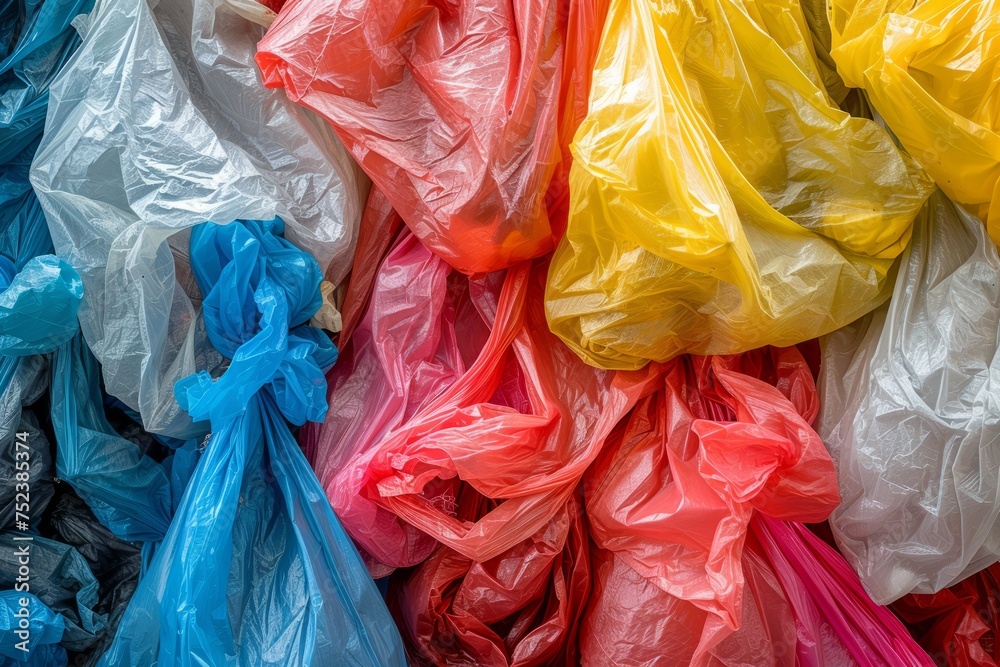Multi-colored full garbage plastic bags on white background with copy ...
