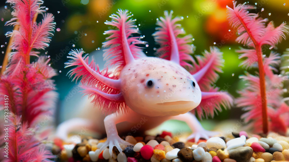 Colorful axolotl in vibrant underwater habitat with pink gills, aquatic ...