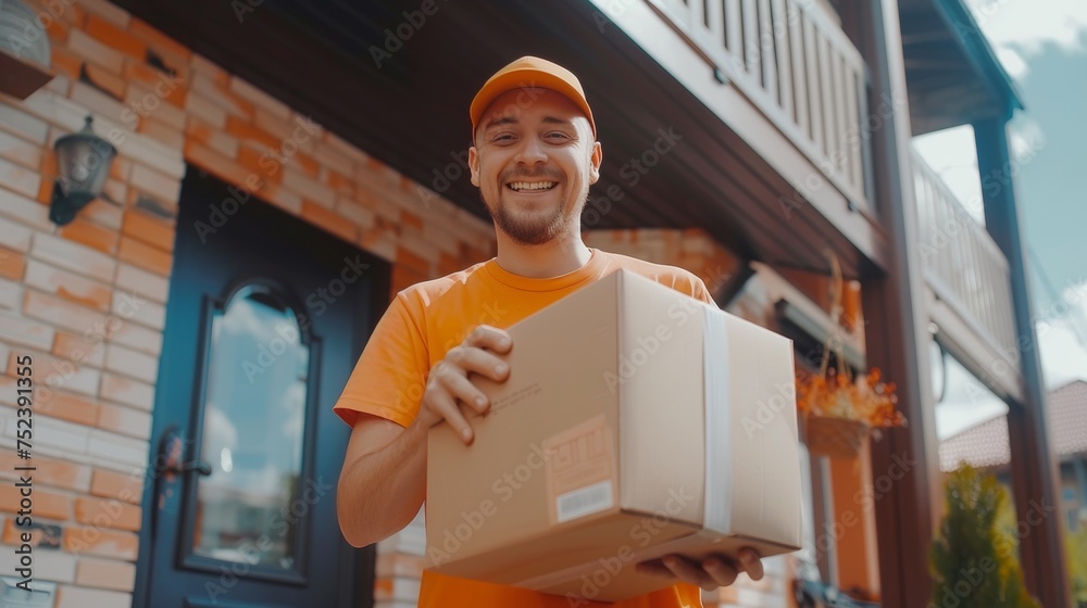 Delivery man send deliver express. online shop, paper container ...