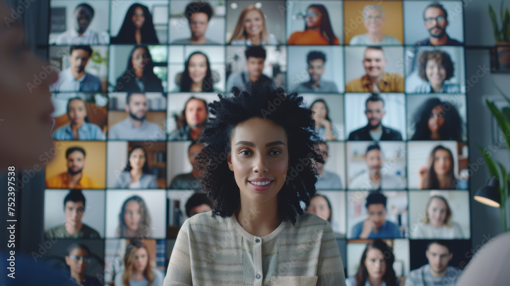 Diverse group of smiling faces on a video call, displaying connectivity ...