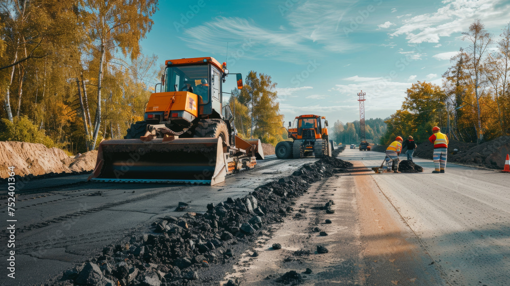 Road construction with workers and heavy machinery in a vibrant ...