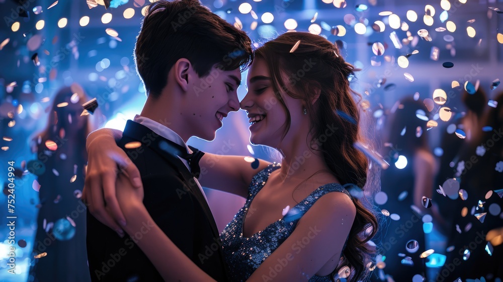 Prom Night Embrace with Sparkles, teenage couple shares a close moment ...