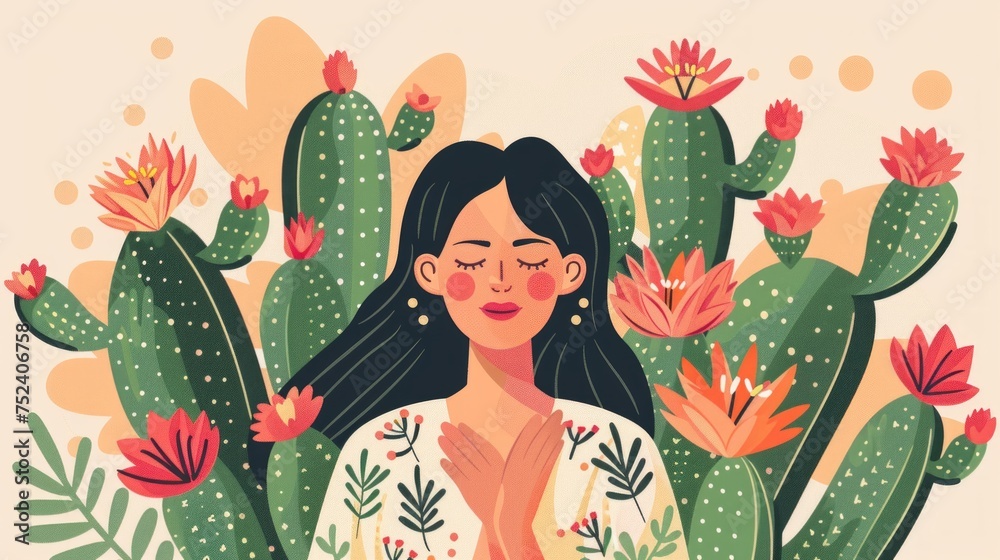 International Women's Day illustration with flowering cactus ...