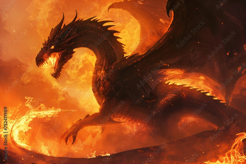 Artwork of a monstrous dragon its tail whipping through the flames eyes ...