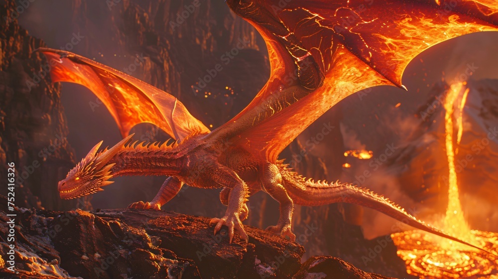 Fiery claws gripping the edge of a volcanic crater a dragon preparing ...