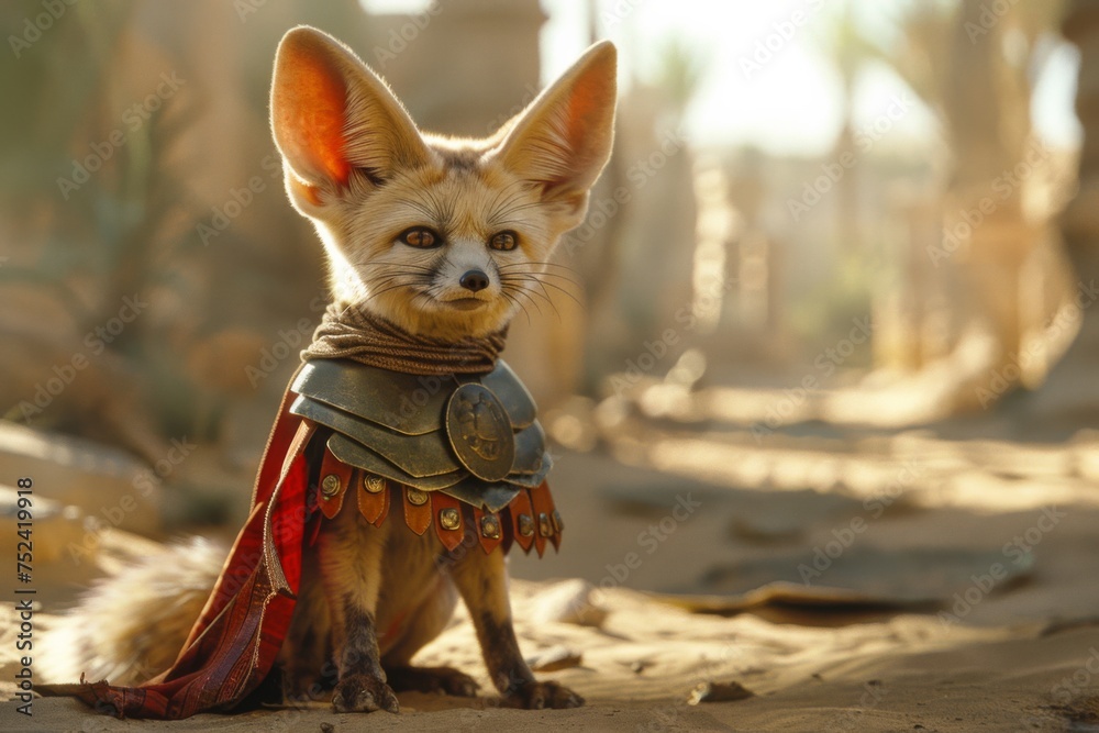 In a tranquil desert oasis, a baby Fennec Fox dons the attire of an ...