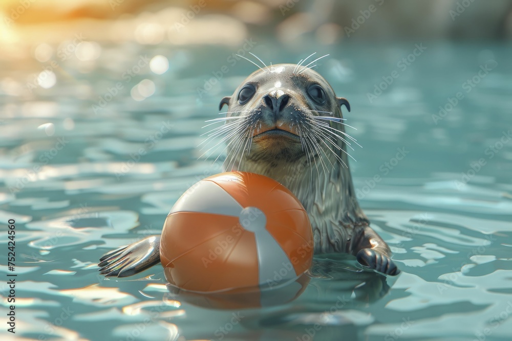 An adventurous 3D seal at the beach, performing tricks with a beach ...