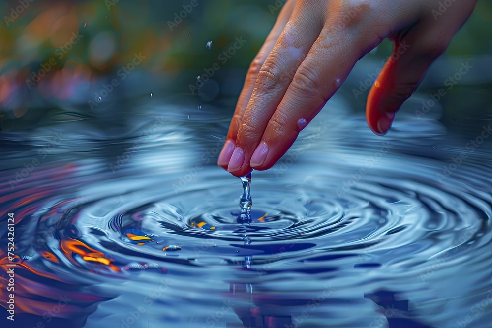 Fingertips touching a water surface, creating ripples, against a ...