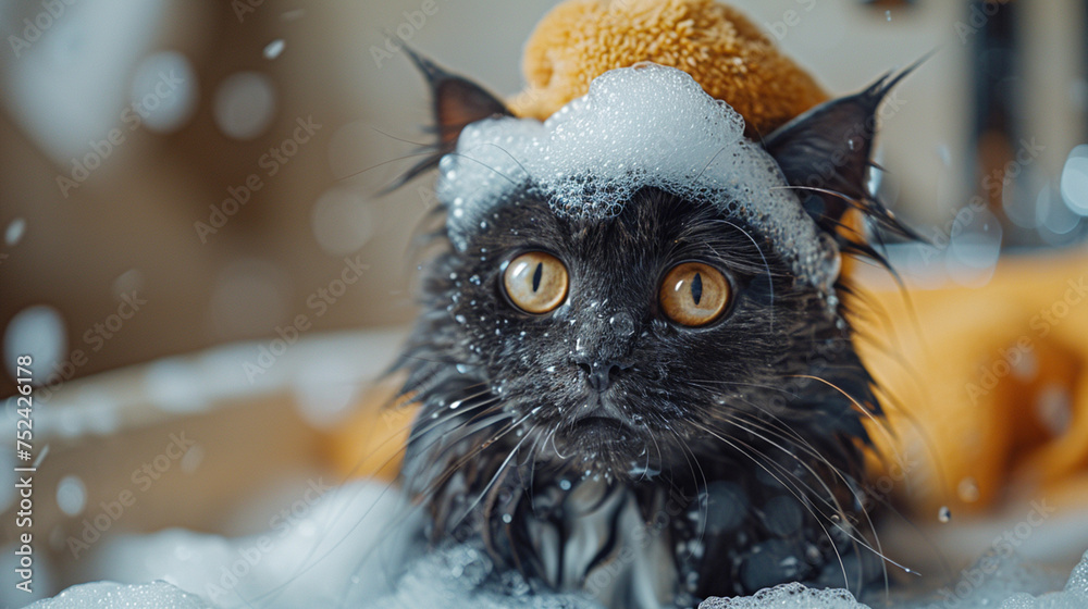 Pet care. Washing a cat at home in the bathroom. Wet cat in foam in the ...