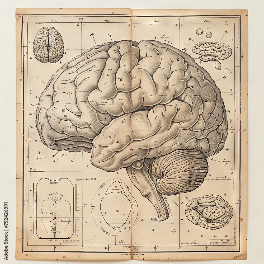 vintage antique diagram of the brain, in the style of detailed ...