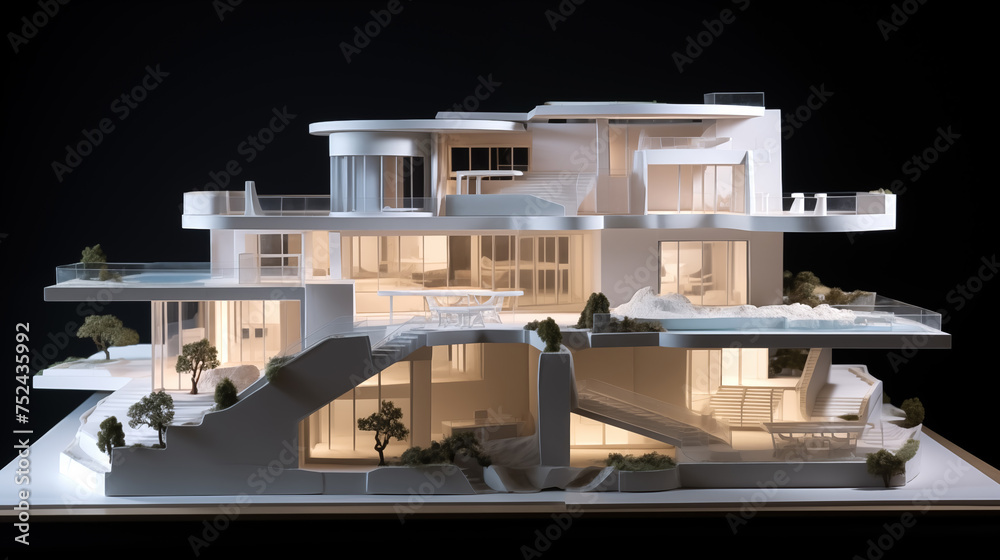 Architectural model of three-story villa. Exterior of large mansion on ...