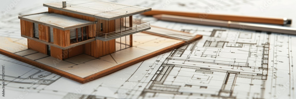 Macro shot of architectural model on blueprint - Detailed architectural ...