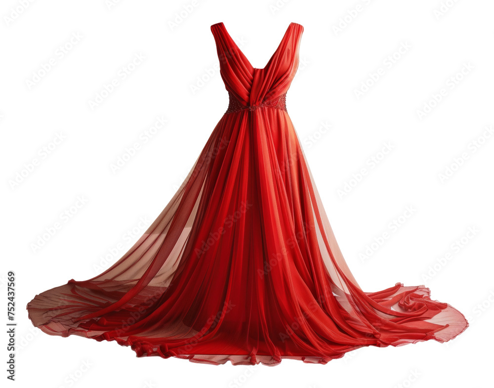 Red velvet evening gown with flowing train on transparent background ...