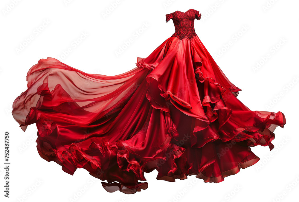 Red velvet evening gown with flowing train on transparent background ...