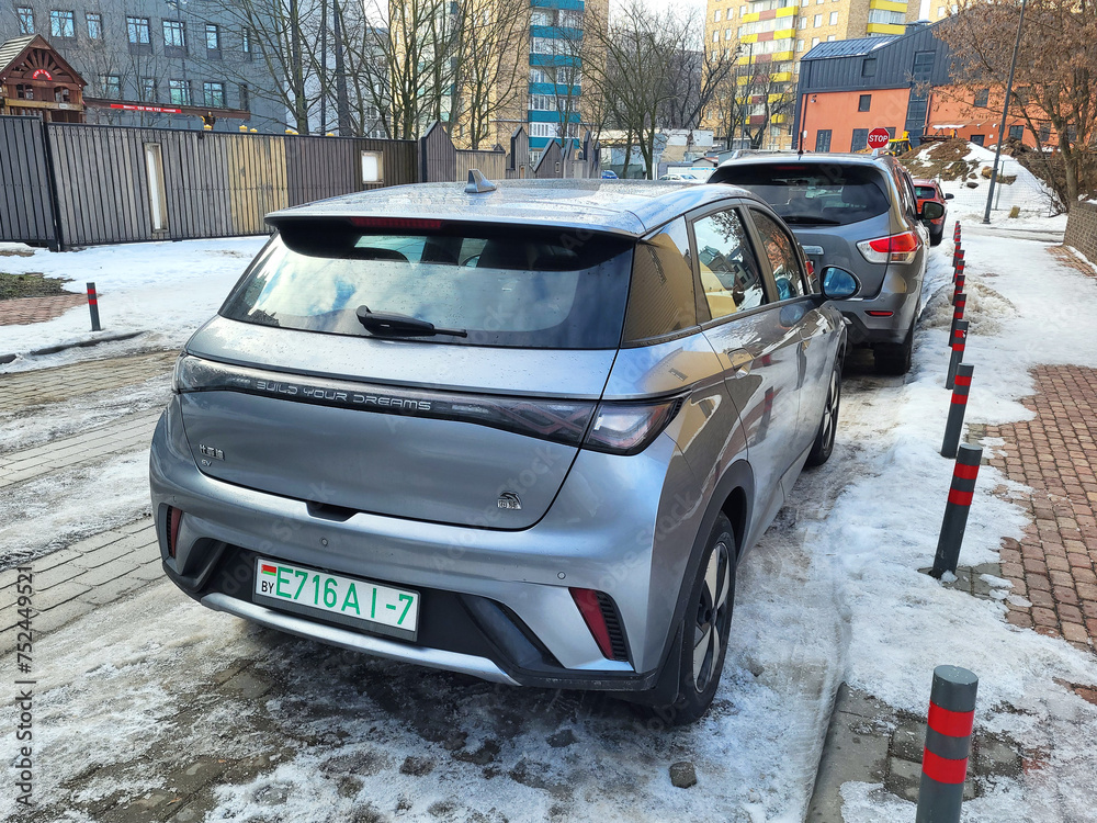 Minsk, Belarus. Jan 28. 2024. BYD Dolphin atlantis grey colour parked ...