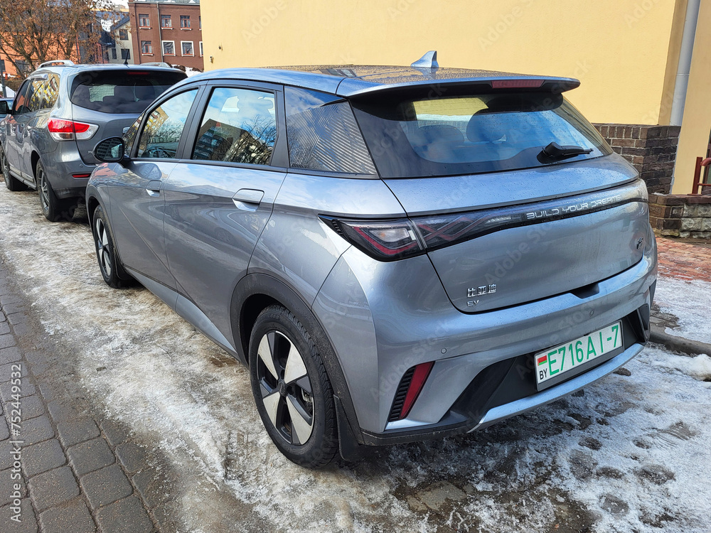 Minsk, Belarus. Jan 28. 2024. BYD Dolphin atlantis grey colour parked ...