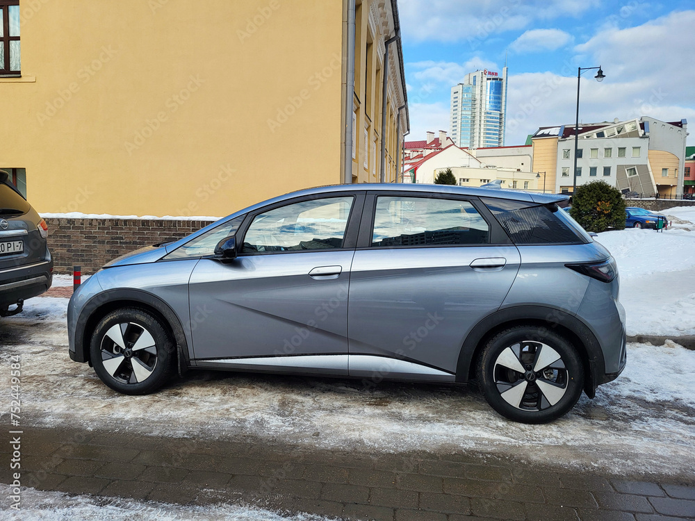 Minsk, Belarus. Jan 28. 2024. BYD Dolphin atlantis grey colour parked ...