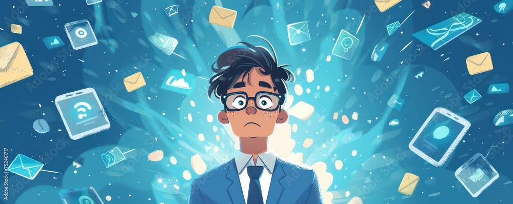 Cartoon businessman innovating with technology portrayed minimally in a ...