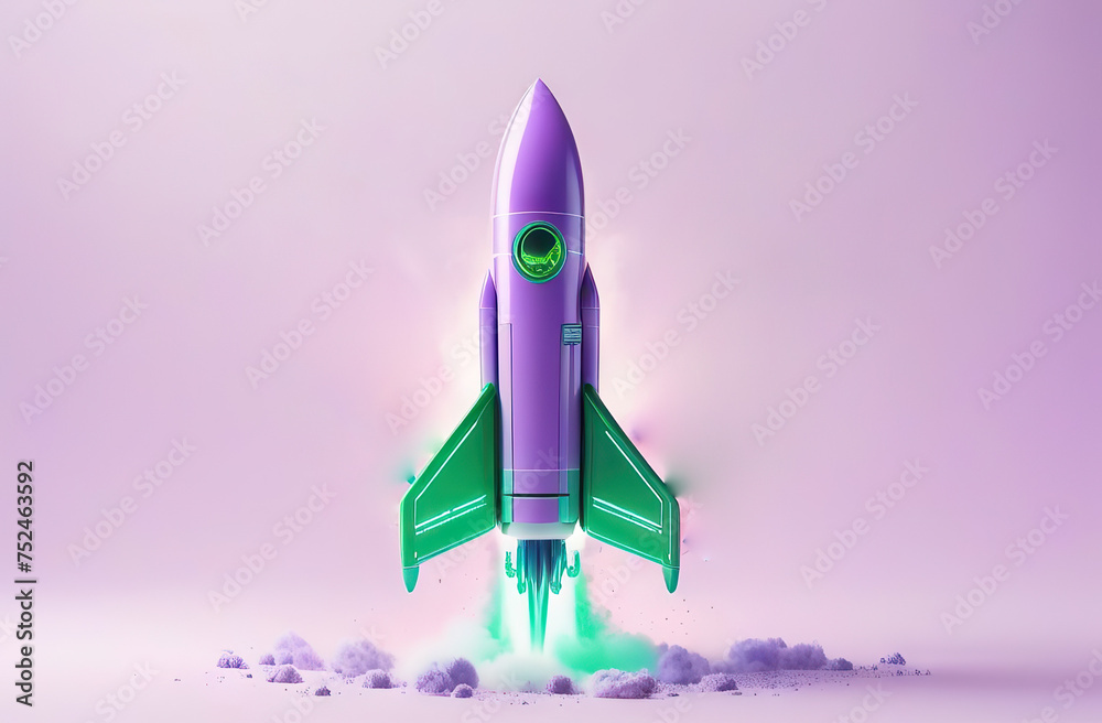 3D illustration spaceship rocket takes off into space,boosty symbol ...