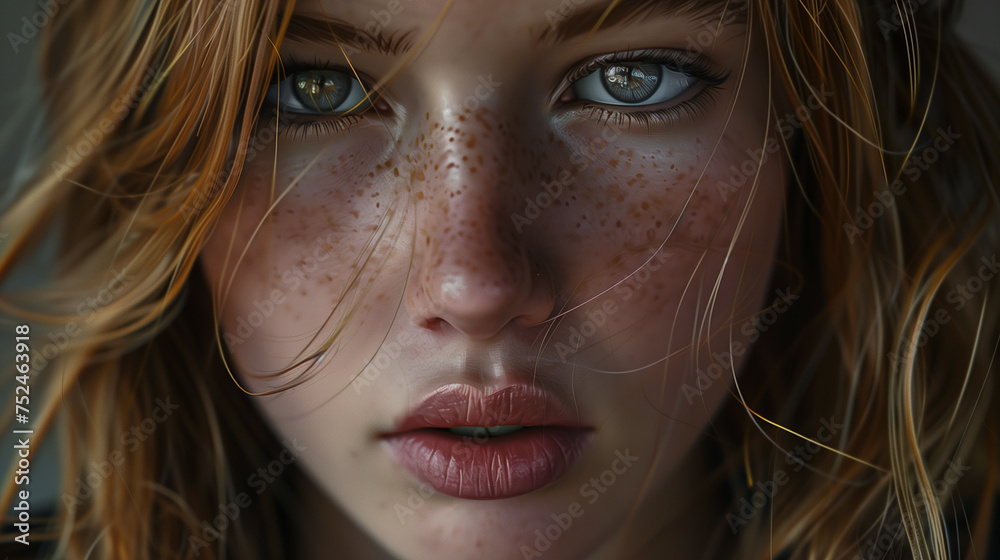 A detailed portrayal of a womans face featuring prominent freckles. The ...