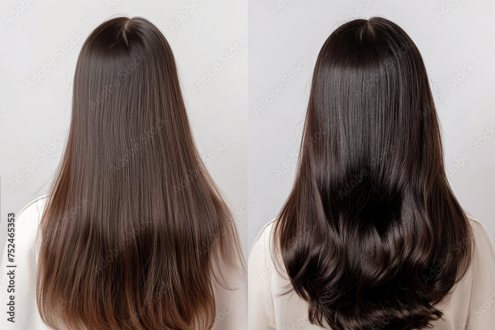Woman before and after hair treatment. Professional salon hair care ...