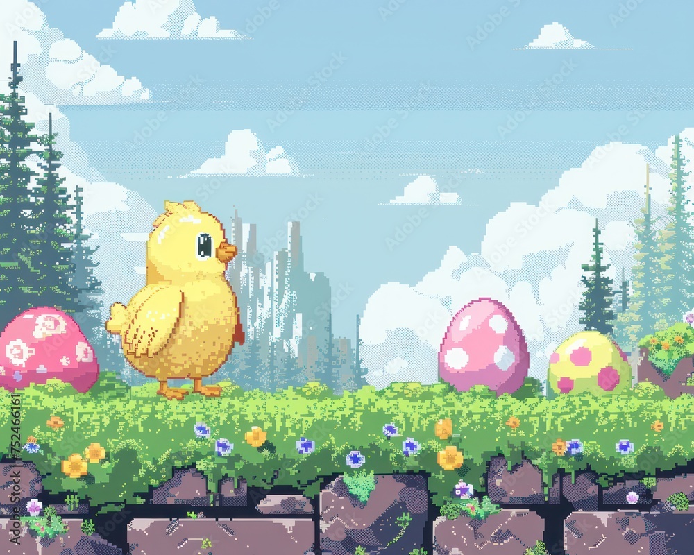 An 8-bit adventure where a pixel cartoon chick navigates through pastel ...