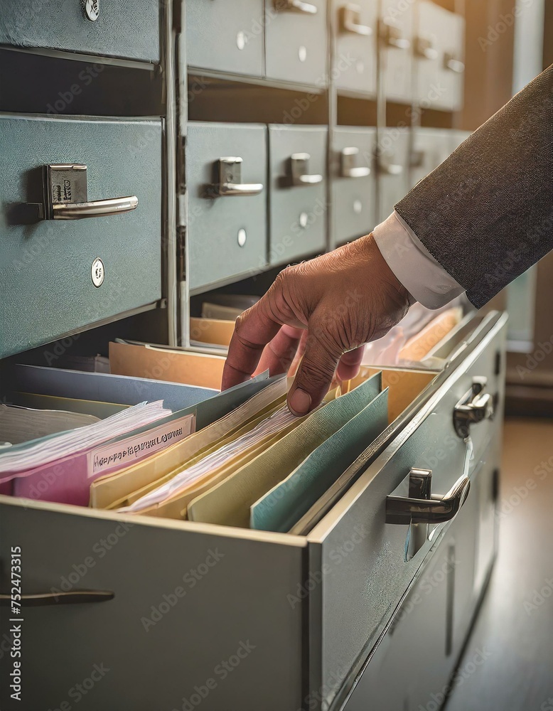 A hand is shown pulling a file from an organized open filing cabinet drawer filled with labeled ...