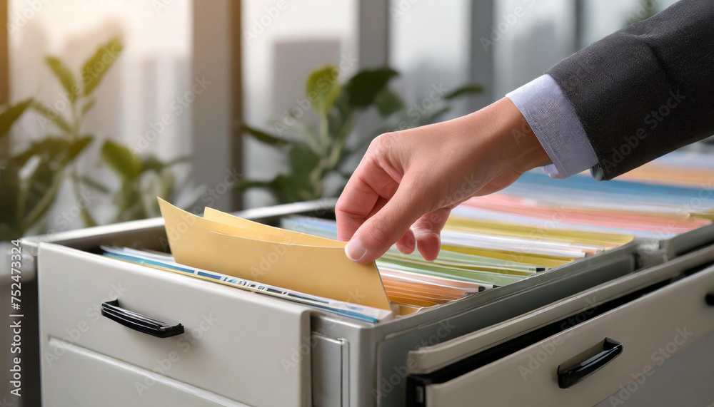 A hand is shown pulling a file from an organized open filing cabinet ...