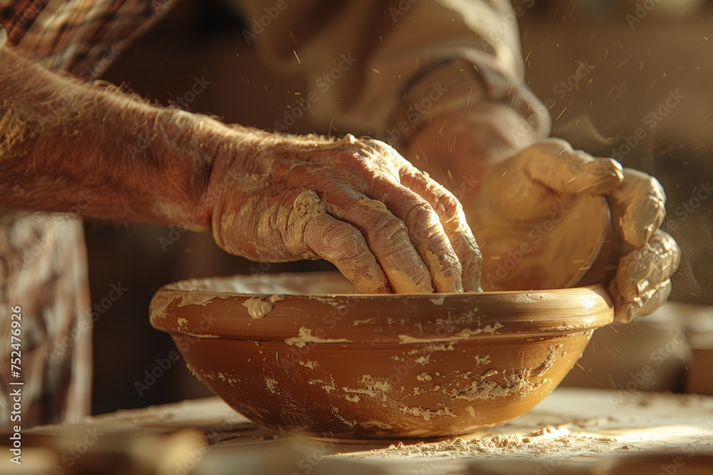 Master potter's hands covered in clay dust expertly work on a spinning ...