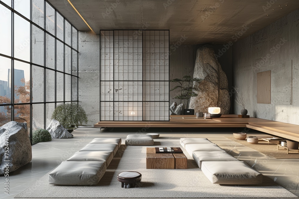Sparse Japanese living room, wabi-sabi aesthetics, Sunlight spills into ...