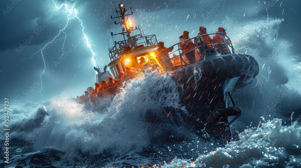 A dramatic scene of a rescue boat battling massive waves during an ...