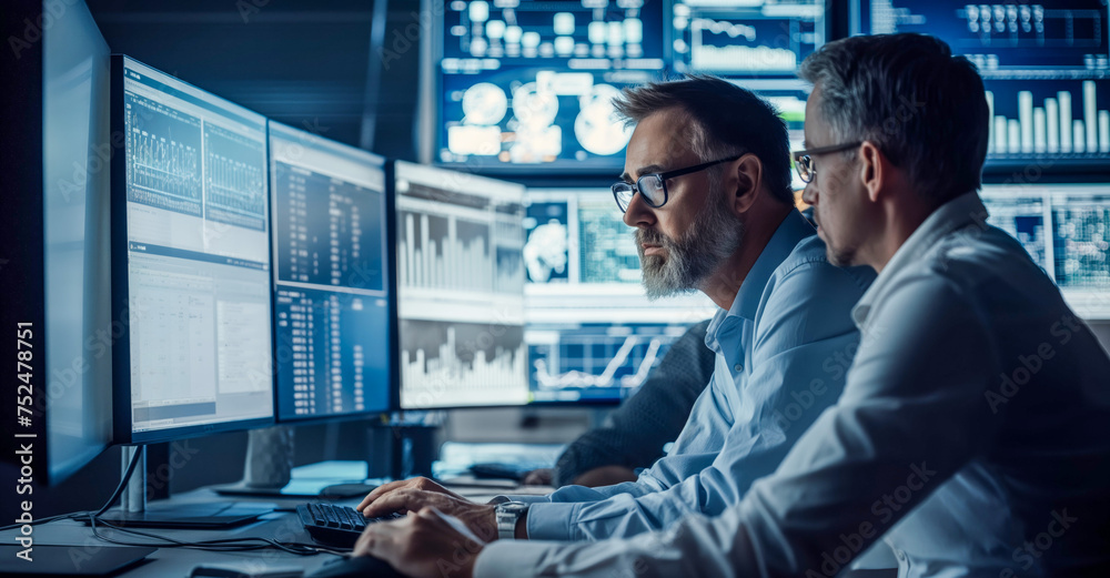 Technology Experts Analyzing System Data On Multiple Screens In Network
