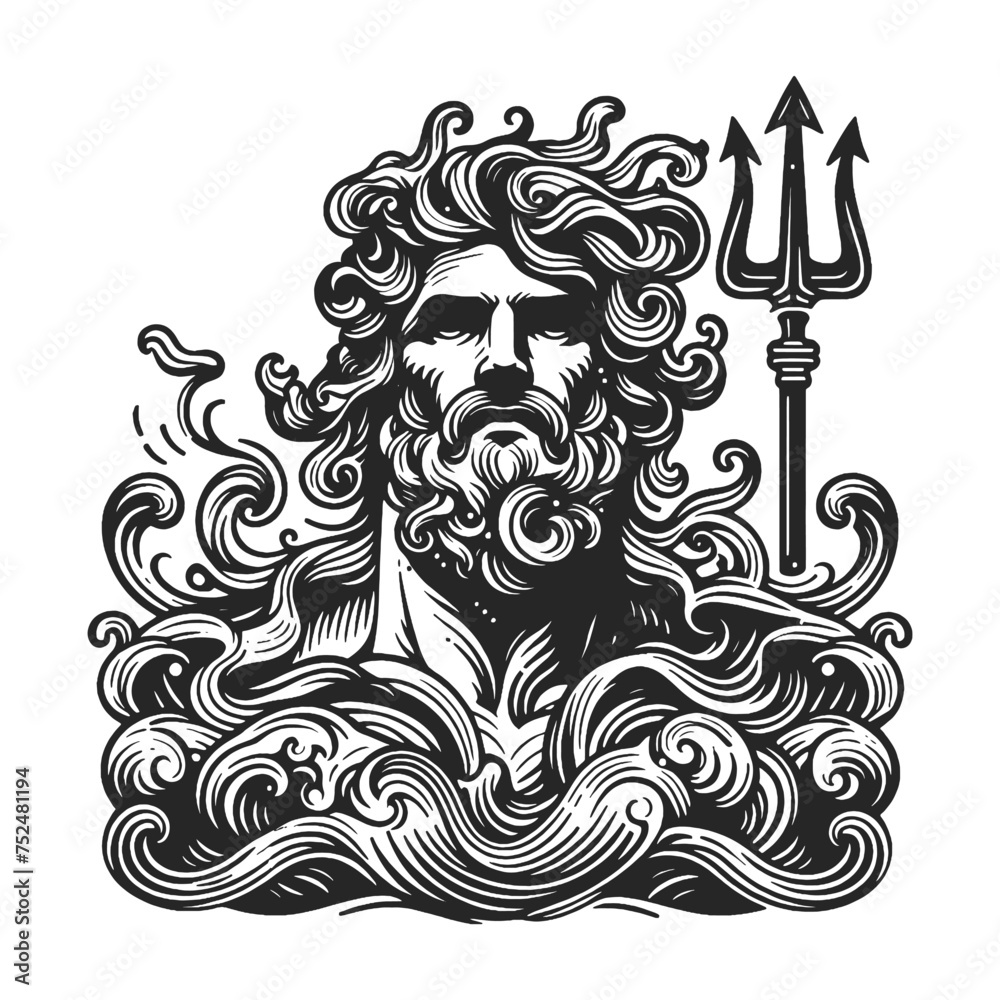 Poseidon god of the sea, holding a trident amidst ocean waves sketch ...