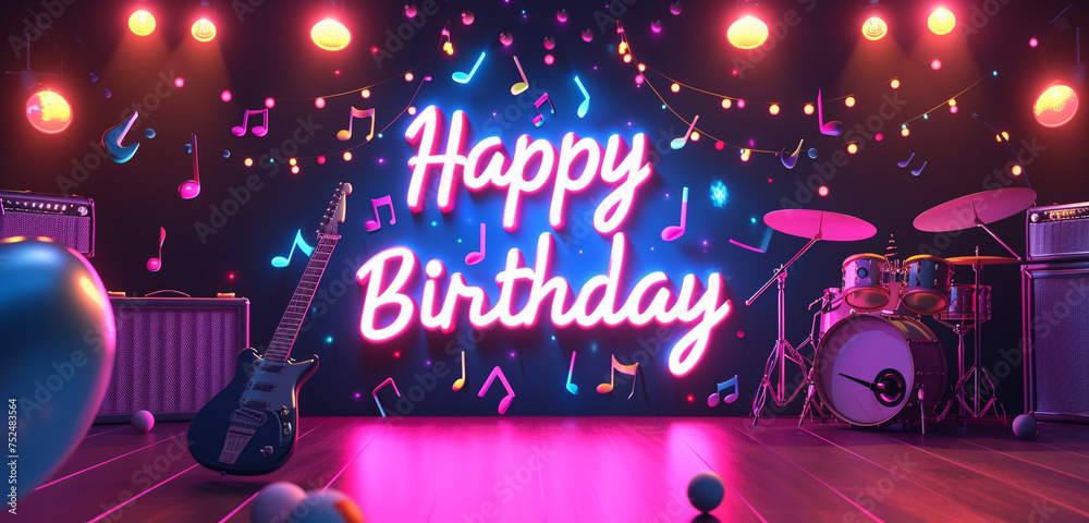 Happy Birthday In A Rock N Roll Font With Guitars And Musical Notes