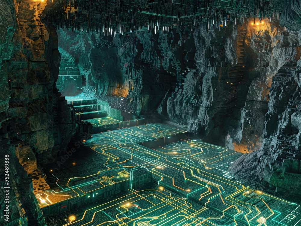 Futuristic Cavern of Circuits in Fantasy Illustration, To convey a ...