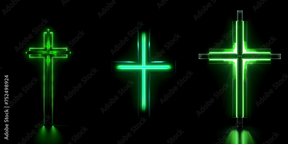Green neon glowing cross set. Symbol of the crucifixion of Jesus Christ ...